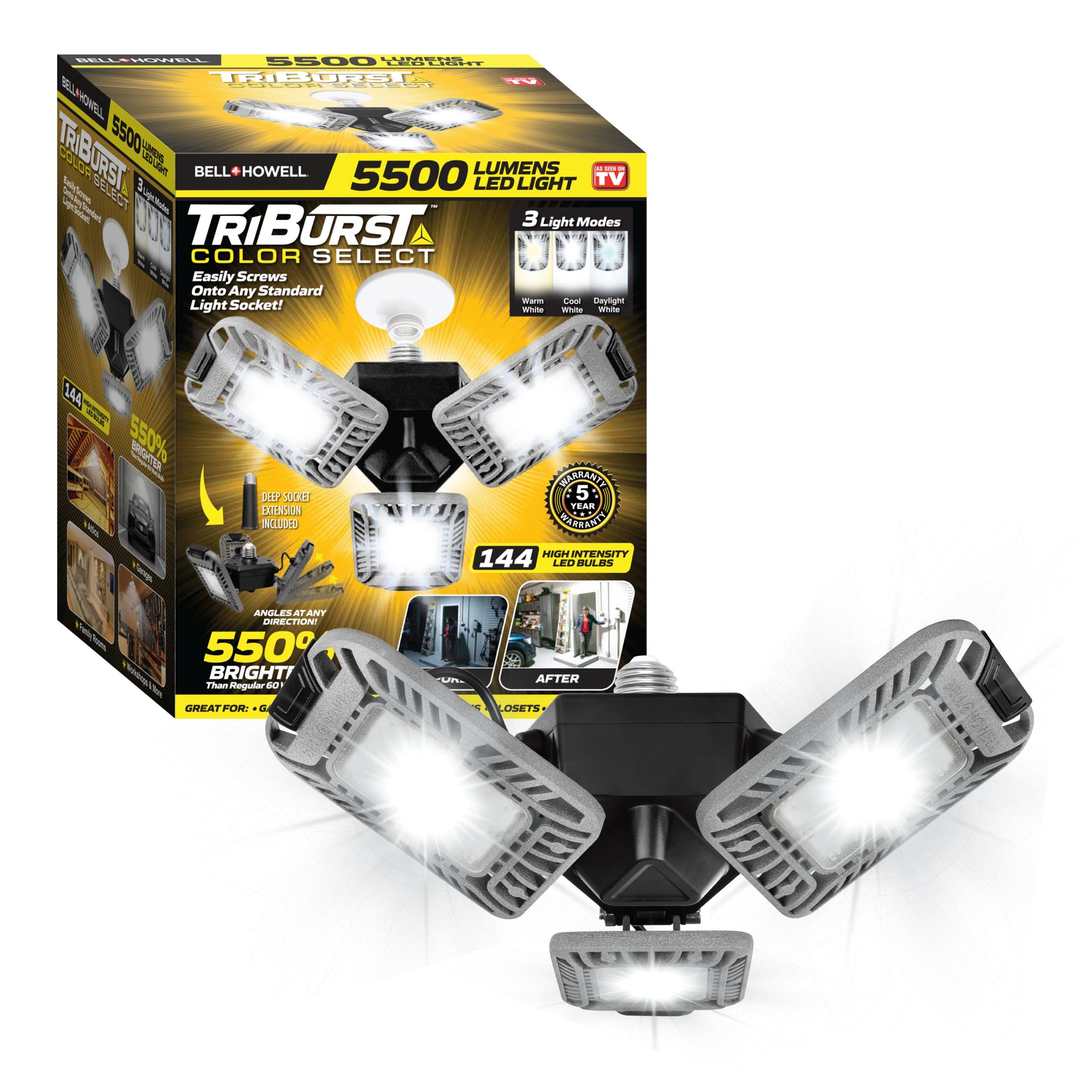 Bell+Howell Triburst Color Select LED Garage Light, 5500 Lumen 3000k/4 ...